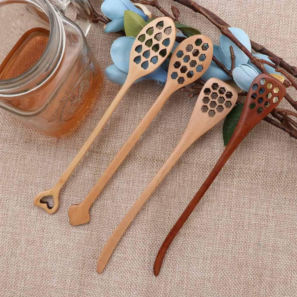 Honey Dipper 4Pcs Honeycomb Heart Pattern Honey Dippers Wooden Long Handle Honey Dipper Stirrer Server Mixing Stick Spoon Home Kitchen Supplies