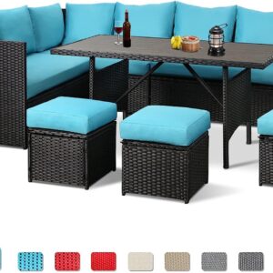 AECOJOY Patio Furniture Set, 7 Pieces Outdoor Patio Furniture with Dining Table&Chair, All Weather Wicker Conversation Set with Ottoman and Patio Set Cover, Blue