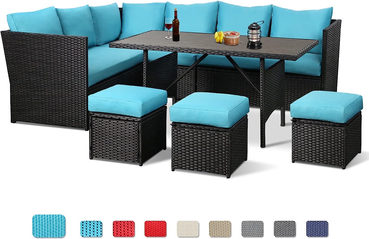 AECOJOY Patio Furniture Set, 7 Pieces Outdoor Patio Furniture with Dining Table&Chair, All Weather Wicker Conversation Set with Ottoman and Patio Set Cover, Blue