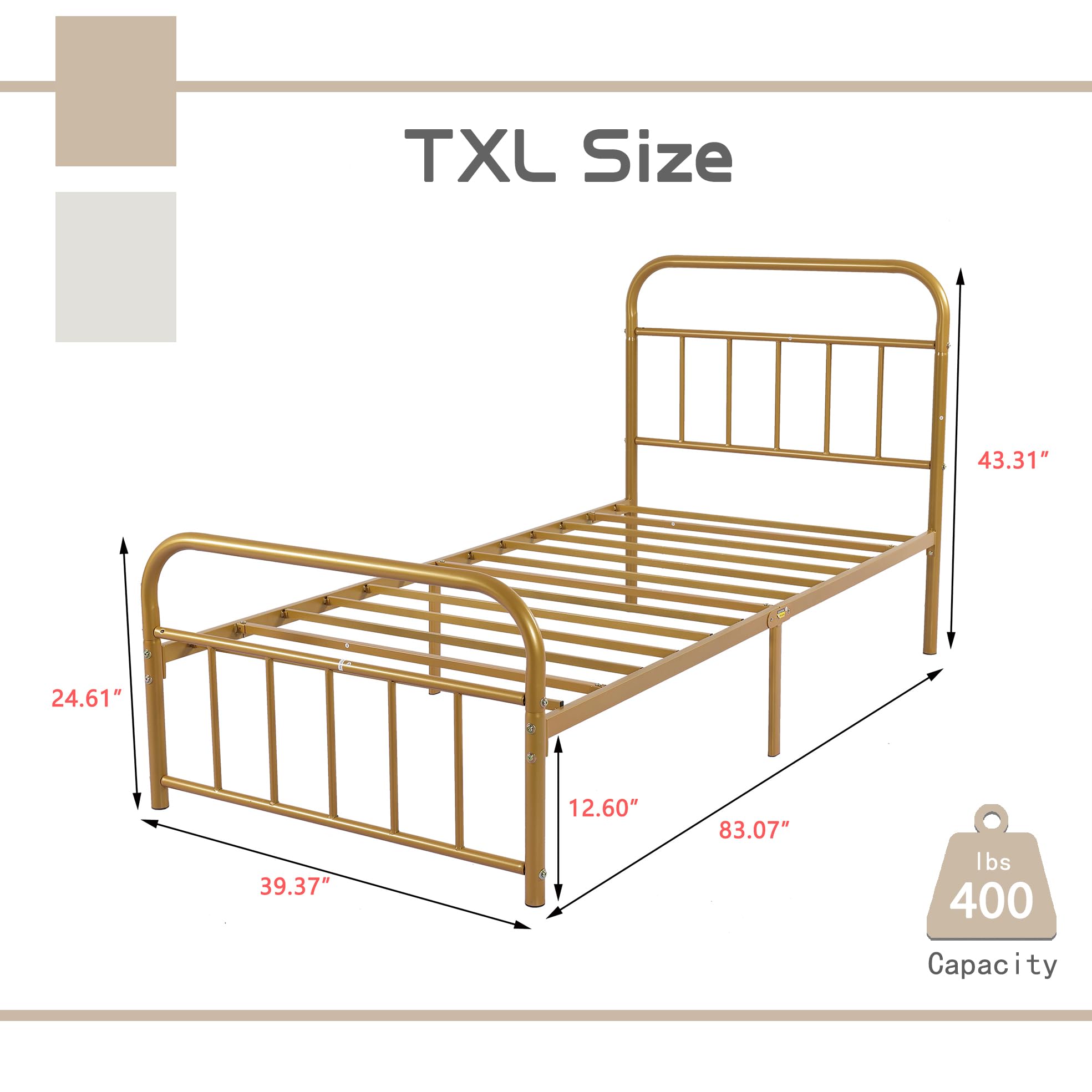 AUFANK Twin XL Metal Platform Bed Frame with Vintage Headboard Footboard Extra Strong Support No Box Spring Needed Noise Free Easy Assembly Gold