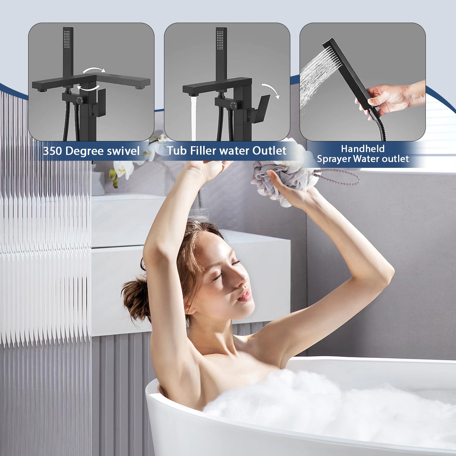 FAHKNS Matte Black Freestanding Bathtub Faucet Bathtub Filler Floor Standing Bathtub Faucet Single Handle Brass Faucet High Flow Shower Faucet with Hand Shower, Rust-proof Surface