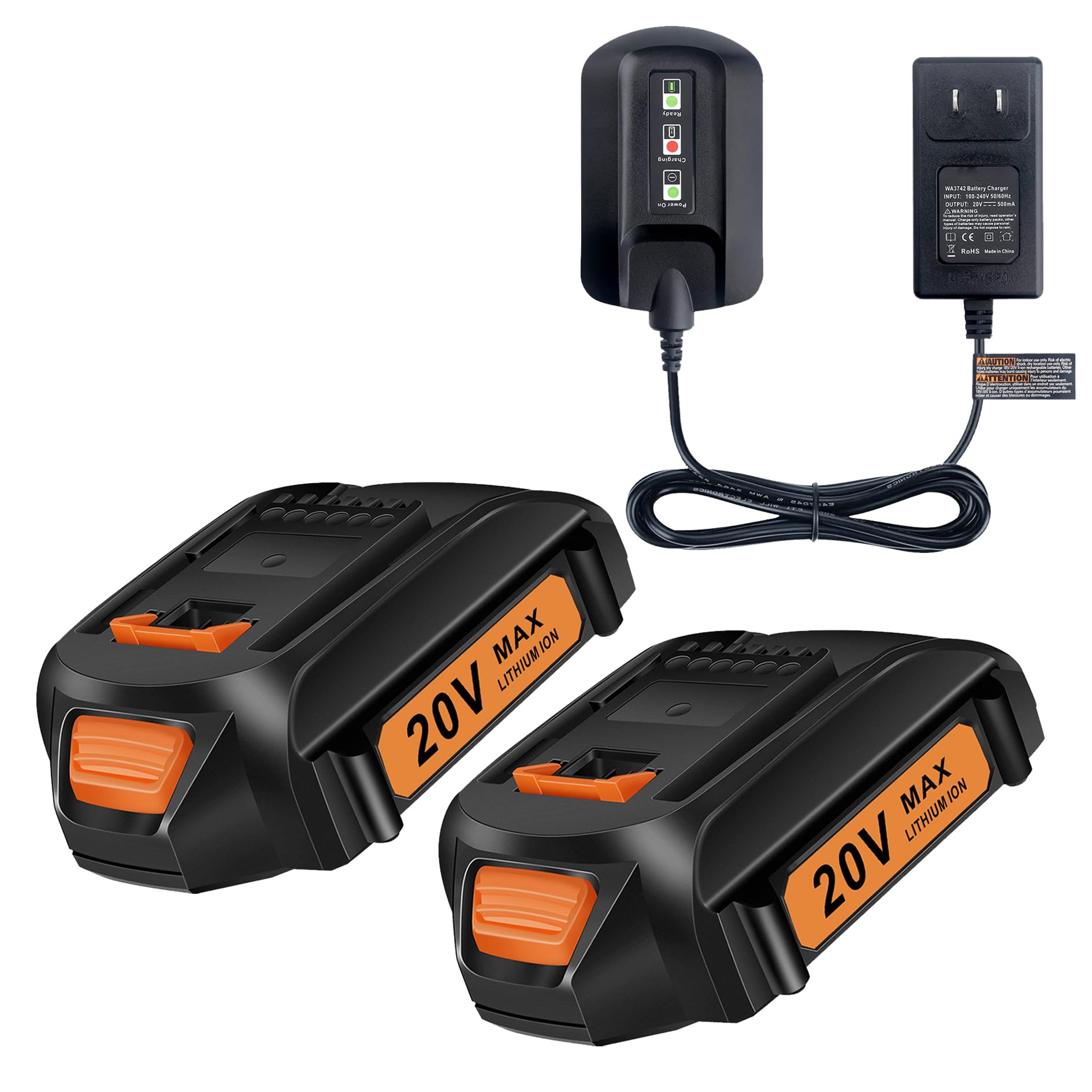 2 Pack Replacement WA3525 20V Battery and WA3742 Charger Kit Compatible with Worx 20V Battery WA3520 WG151s WG155s WG251s WG255s WA3525