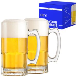 prolisok glass beer mugs with handle – 34 fl. oz. / 1l – large & heavy beer stein for root beer – best gift for men father boyfriend brother dad – set of 2