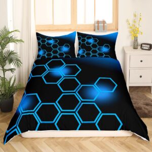 feelyou blue and black bedding duvet cover set queen size honeycomb bedding set for kids boys girls decor geometrical comforter cover set beehive pattern blue bedspread cover bedroom bedclothes