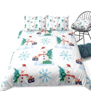 Herside Christmas Tree Bedding Set Queen Size Christmas Duvet Cover Set Snowflakes Snowman Xmas Festival Theme Bedding Set with Zipper Closure Christmas Decorations(White,Queen)