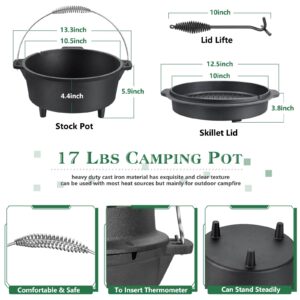 5QT Cast Iron Dutch Oven, HaSteeL Pre Seasoned Camping Pot & Lid Lifter, Large Heavy Duty Deep Pot with Feet & 2-In-1 Frying Skillet Lid, Great for Outdoor Stovetop Griddle Campfire Cooking Baking