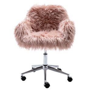 goolon fluffy desk chair, faux fur furry home office chair, fuzzy swivel armchair with wheels, height adjustable silver base for girls, bedroom, pink