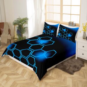 Feelyou Blue and Black Bedding Duvet Cover Set Queen Size Honeycomb Bedding Set for Kids Boys Girls Decor Geometrical Comforter Cover Set Beehive Pattern Blue Bedspread Cover Bedroom Bedclothes