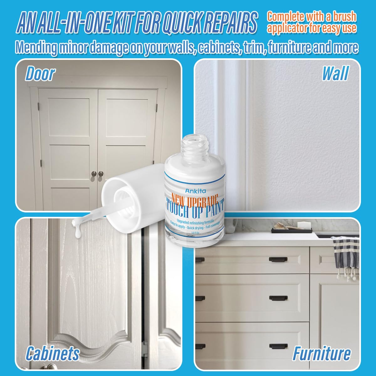 Ankita White Touch Up Paint for Walls, Wood, Interior and Exterior Satin Enamel Paint, Quickly Repairs House Minor Chips, Cracks, Scratches and Spots, For Walls, Wood, Cabinet, Baseboard, Doors, Trim, Furniture, Corner, Egg Shell and Small Can.(Perfect Wh