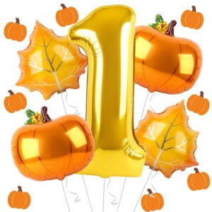 dripykiaa 5pcs pumpkin first balloon 40" gold one year old balloon set for first birthday fall birthday decorations maple leaves pumpkin foil helium balloons party supplies backdrops for girls boys