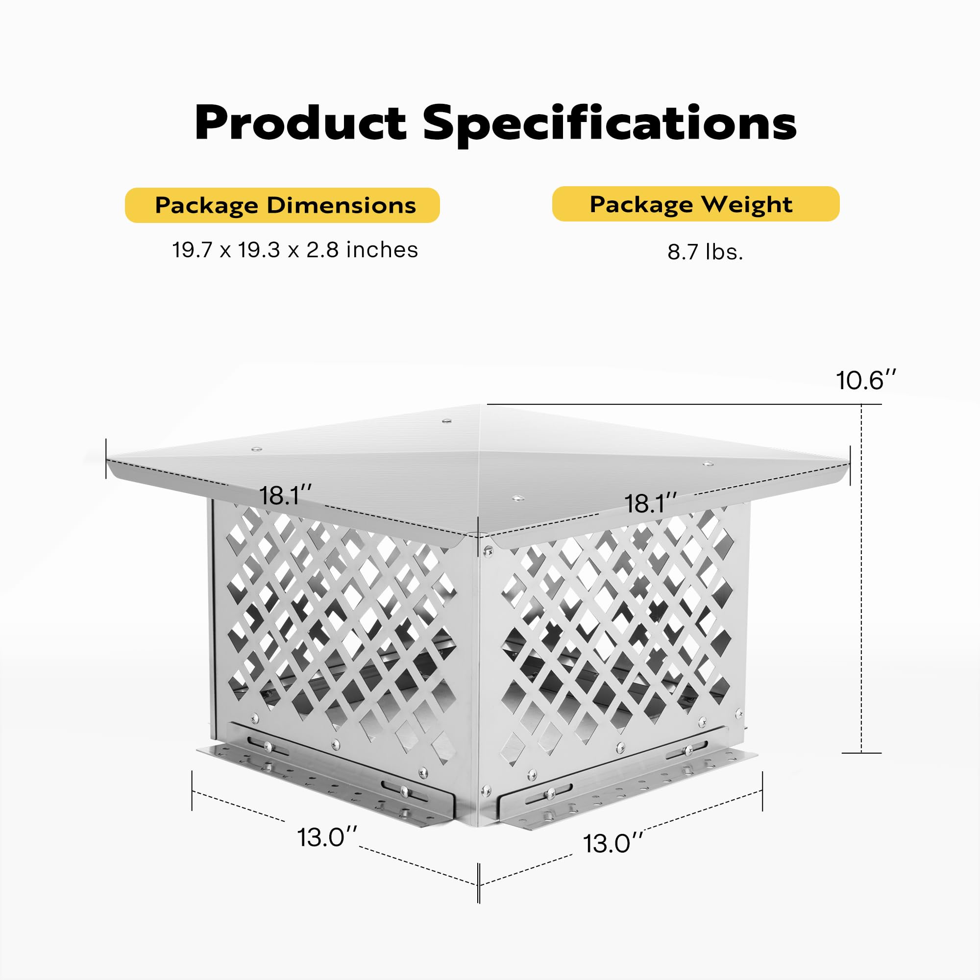 VIVOHOME Chimney Cap, 13" x 13" Square Chimney Cover, Stainless Steel Fireplace Flue Lid with Adjustable Bottom, Mesh Chimney Cover for Outside Existing Clay Flue