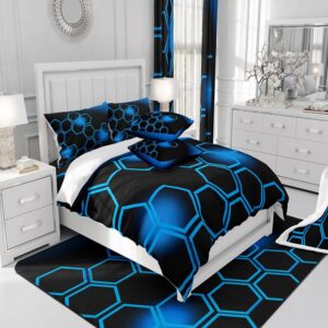 Feelyou Blue and Black Bedding Duvet Cover Set Queen Size Honeycomb Bedding Set for Kids Boys Girls Decor Geometrical Comforter Cover Set Beehive Pattern Blue Bedspread Cover Bedroom Bedclothes