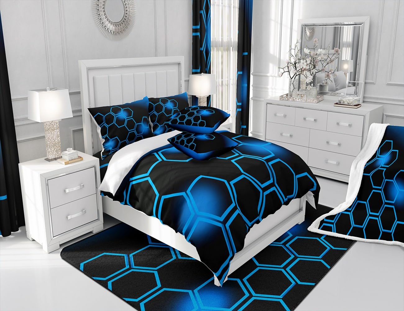 Feelyou Blue and Black Bedding Duvet Cover Set Queen Size Honeycomb Bedding Set for Kids Boys Girls Decor Geometrical Comforter Cover Set Beehive Pattern Blue Bedspread Cover Bedroom Bedclothes