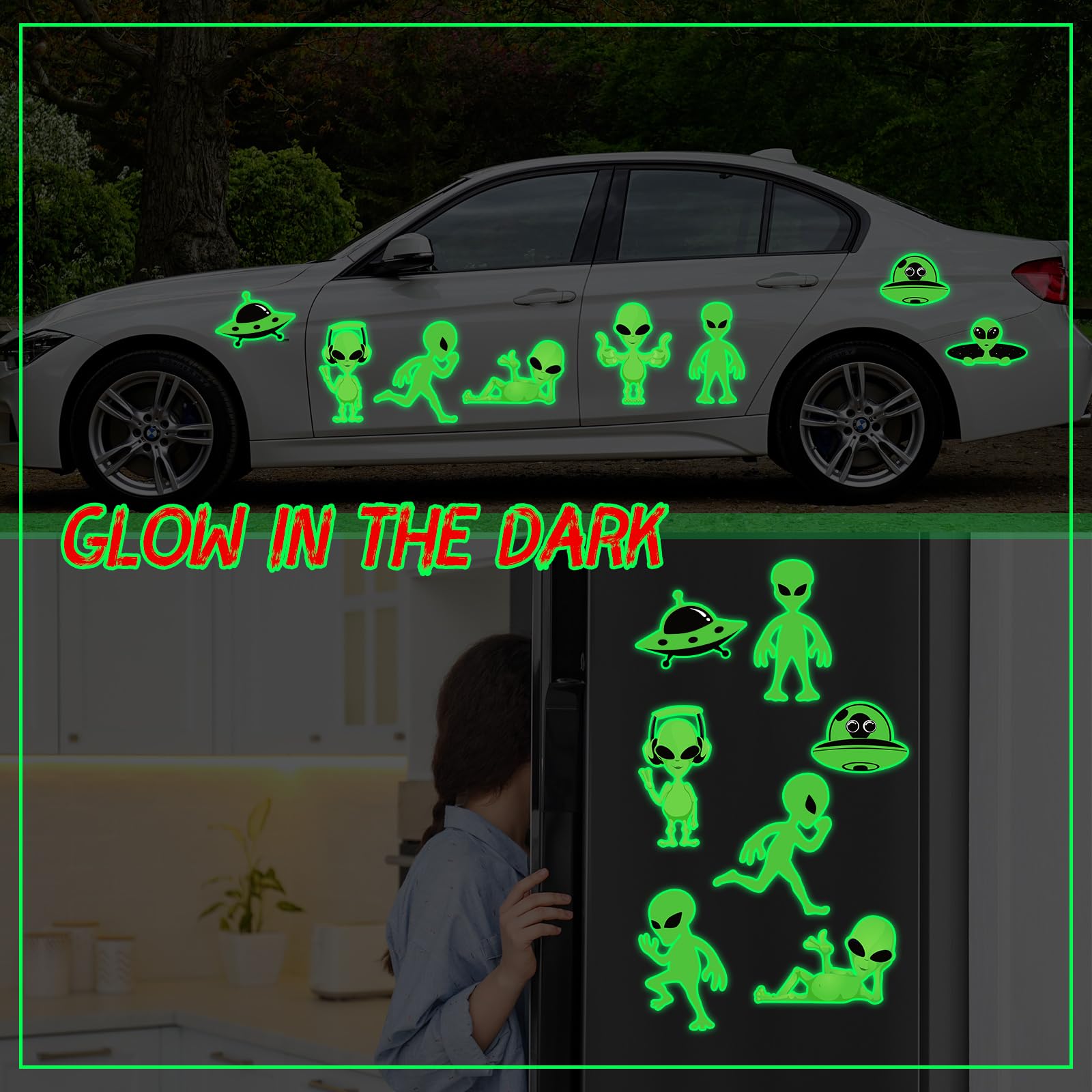 Xuhal 10 Pieces Halloween Garage Door Decorations Glow in The Dark Alien UFO Garage Magnetic Stickers Luminous Garage Door Magnets Waterproof Magnet Fridge Car Magnets Decal Alien Party Supplies