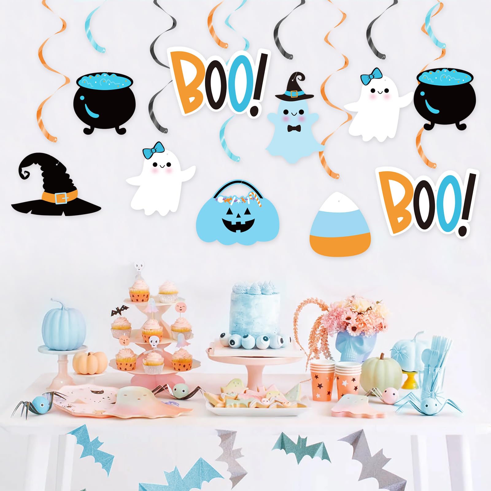 Blue Halloween Baby Shower Party Hanging Swirl Decor, Cute Ghost Cauldron Ceiling Hanging Streamer for Boy Halloween Theme Little Boo Happy Boo Day Spooky One A Little Boo is Almost Due Party Supplies