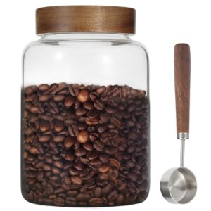 large glass coffee jars with spoons 60 oz /1800ml, round storage canister with wooden lid clear glass food jar for pantry sugar tea coffee bean spice nuts cookies bath salts (1800ml/60oz)