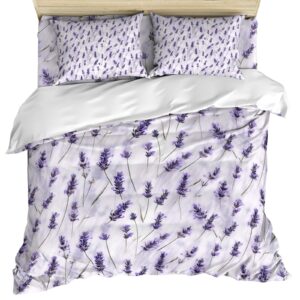 anzona purple lavender duvet cover queen size - 4 pieces duvet cover set, spring flower watercolor floral rustic bedding comforter cover zipper closure, 1 duvet cover 1 fitted sheet 2 pillow shams