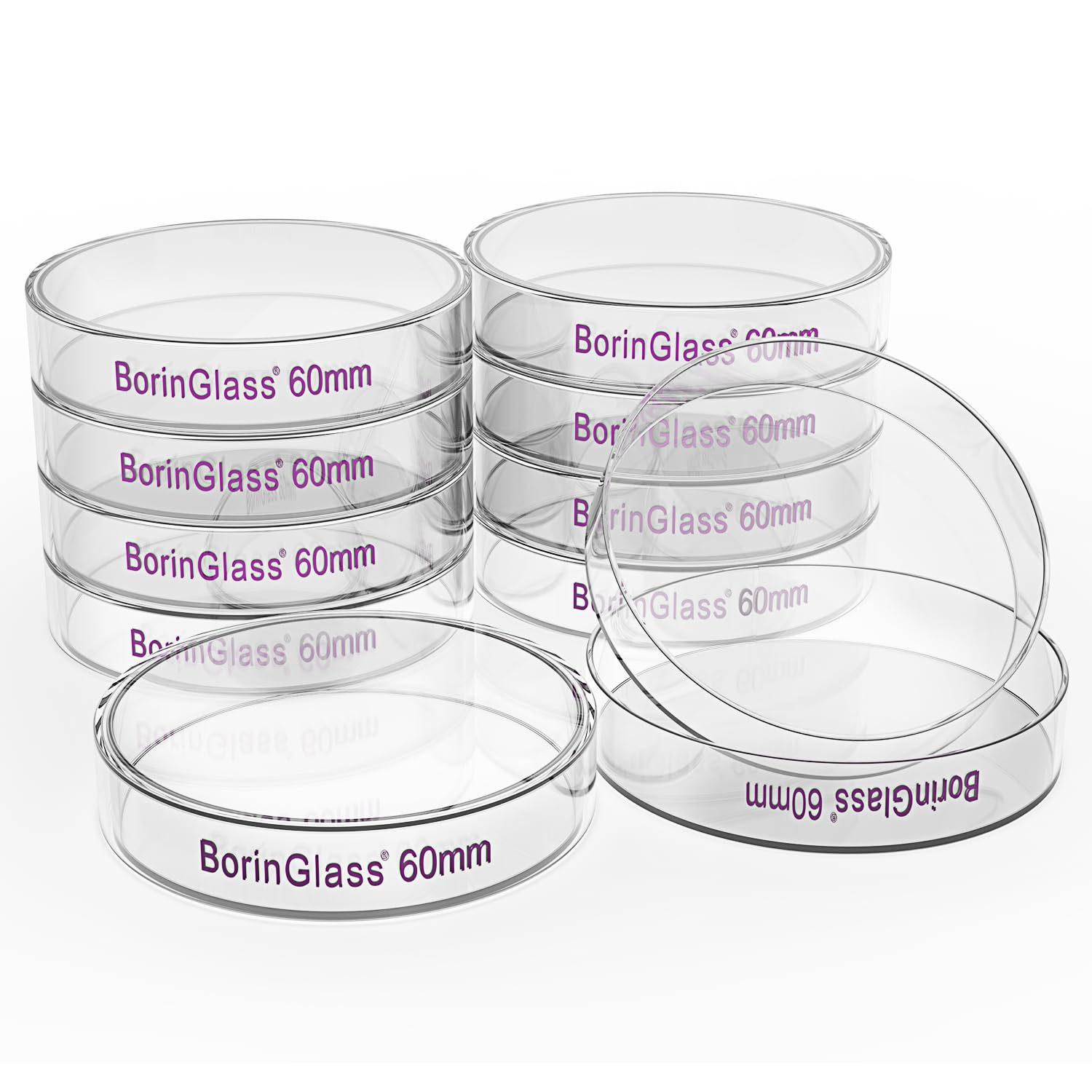 BorinGlass Glass Petri Dishes, Autoclavable Glass Cell Culture Dishes Lab Dishes with Clear Lid, 60x15 mm, Pack of 10