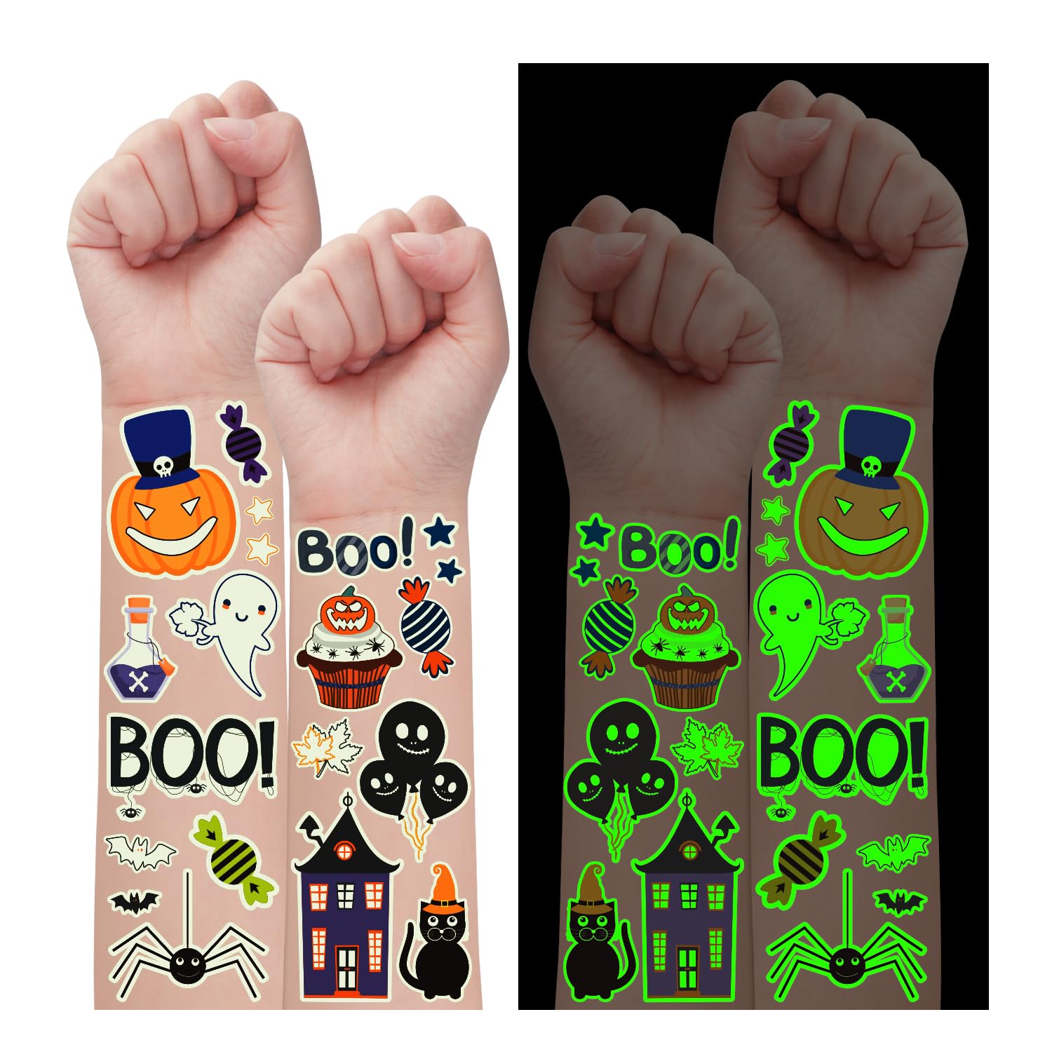 Partywind 135 Styles Luminous Halloween Tattoos, Glow Halloween Treats for Kids Party Supplies Favors Decorations, Cute Halloween Games Toys for Trick or Treat Party (12 Sheets)