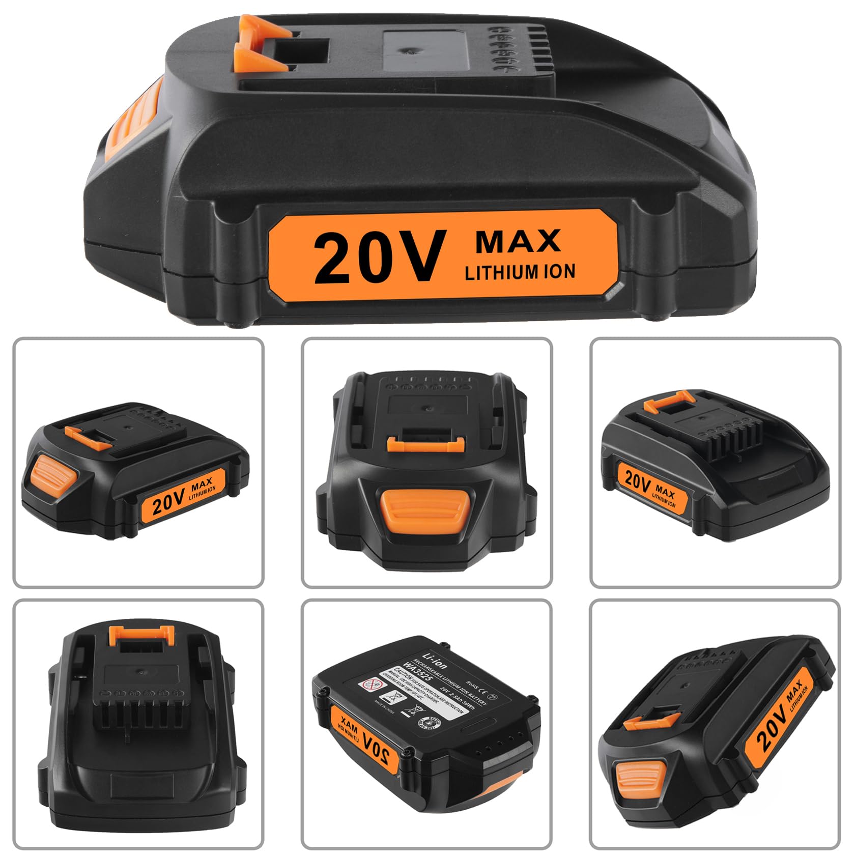 2 Pack Replacement WA3525 20V Battery and WA3742 Charger Kit Compatible with Worx 20V Battery WA3520 WG151s WG155s WG251s WG255s WA3525