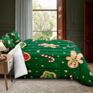 Herside Christmas Comforter Set Queen Size Bedding Set Xmas Snowflakes Gingerbread Man Design Cute Christmas Bedding Comforter Set for Boys Girls (Green,Queen)