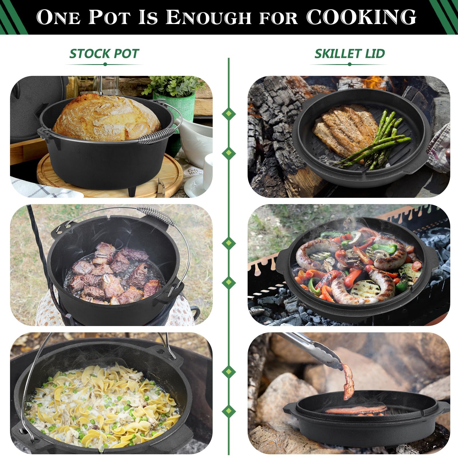 5QT Cast Iron Dutch Oven, HaSteeL Pre Seasoned Camping Pot & Lid Lifter, Large Heavy Duty Deep Pot with Feet & 2-In-1 Frying Skillet Lid, Great for Outdoor Stovetop Griddle Campfire Cooking Baking