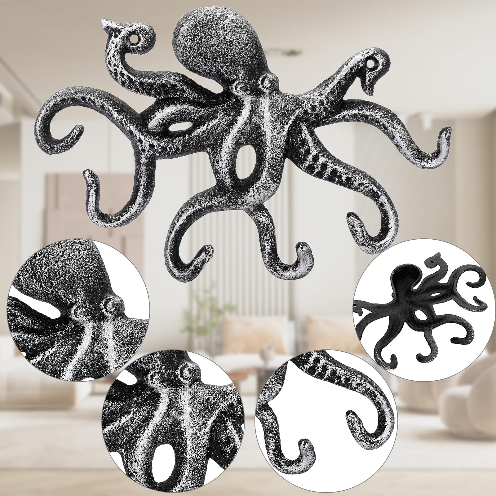 Sumnacon Cast Iron Coat Hook Octopus Towel Holder with 6 Hooks Decorative Towel Rack with Screws Octopus Key Holder Wall Nautical Wall Hook for Enterway Bathroom Retro Silver