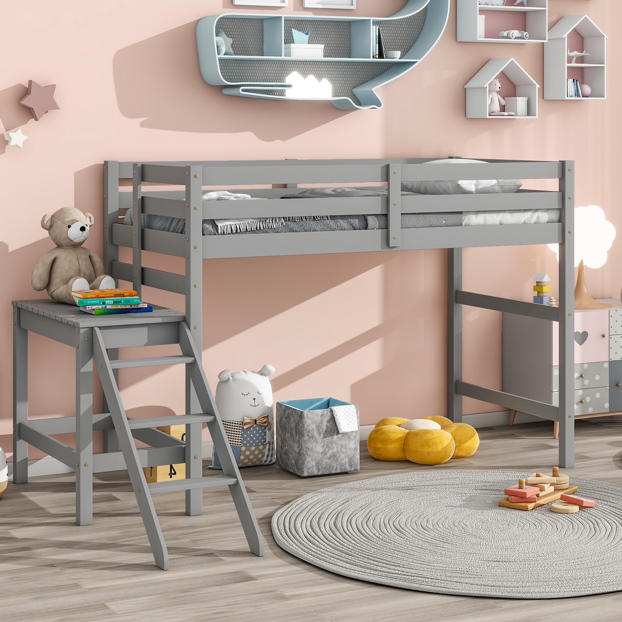 CITYLIGHT Twin Loft Bed with Platform and Ladder, Wood Low Loft Bed for Kids, Junior Loft Bed Twin with Spacious Underneath Space for Children Girls Boys Bedroom,No Box Spring Needed, Grey