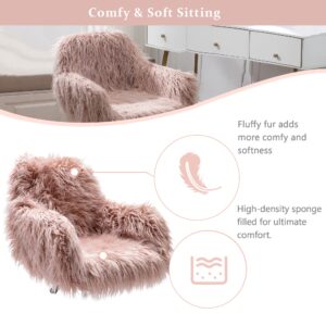 GOOLON Fluffy Desk Chair, Faux Fur Furry Home Office Chair, Fuzzy Swivel Armchair with Wheels, Height Adjustable Silver Base for Girls, Bedroom, Pink