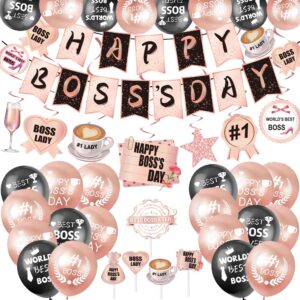 happy bos day decorations women 40 pcs bos day decorations for office with happy bos's day banner hanging swirls balloons cake topper best bos ever decorations happy bos day decor rose gold