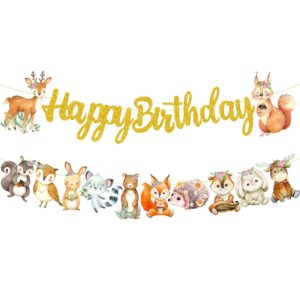 Woodland Animal Happy Birthday Banner Woodland Creatures Banner Decorations 2Pcs Forest Animals Cutout Banners for Woodland Theme Baby Shower Supplies