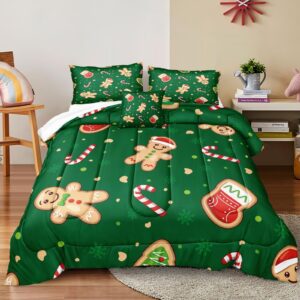 herside christmas comforter set queen size bedding set xmas snowflakes gingerbread man design cute christmas bedding comforter set for boys girls (green,queen)