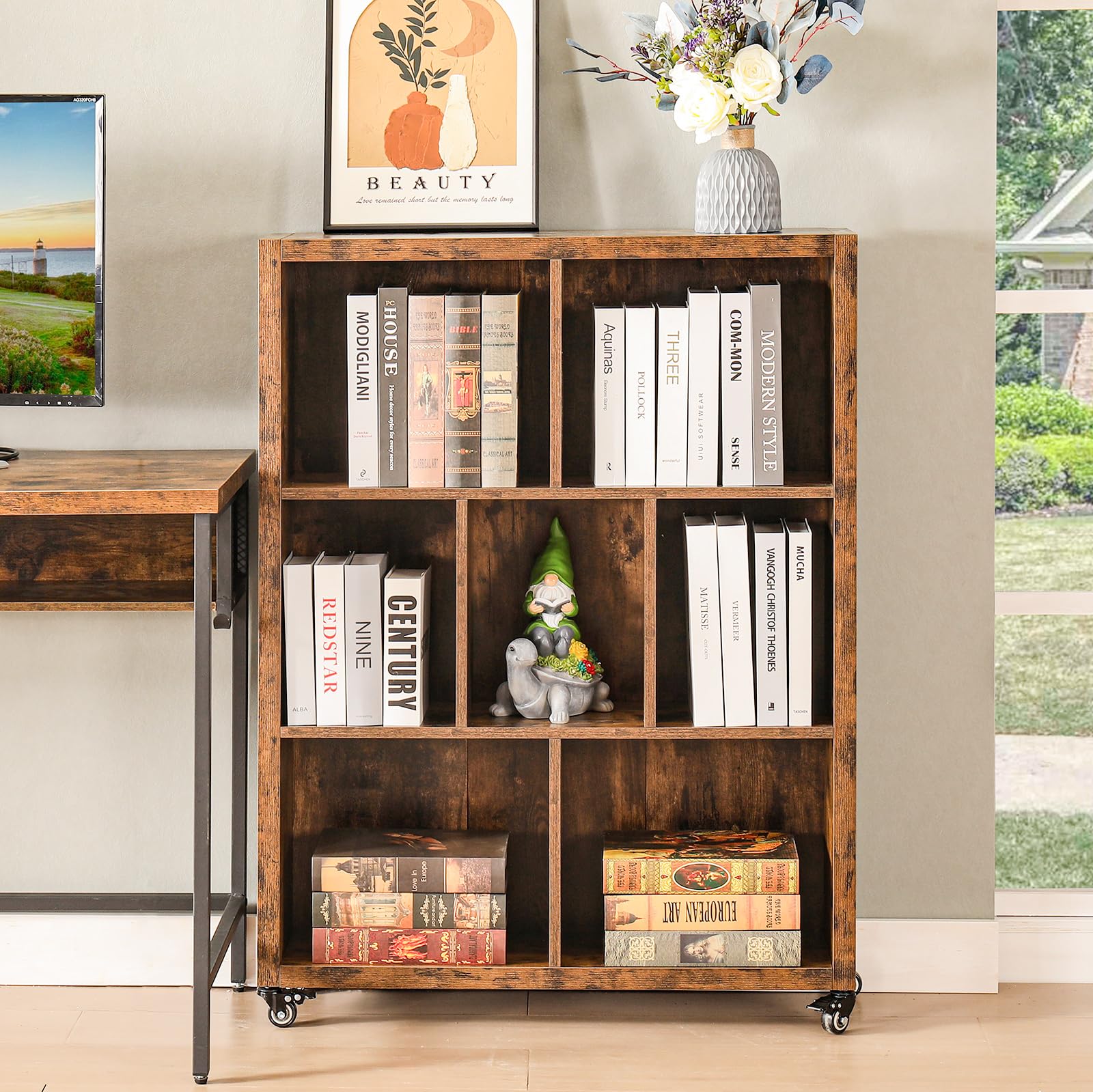 FUSUNBAO 7-Cube Style Bookshelf with Wheels Frame Industrial Style Book Storage Organizer Bookcase Floor Standing Fixed Shelves，Display Shelves Cabinet for Living Room/Bedroom/Office(Antique Brown)