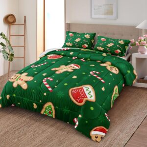 Herside Christmas Comforter Set Queen Size Bedding Set Xmas Snowflakes Gingerbread Man Design Cute Christmas Bedding Comforter Set for Boys Girls (Green,Queen)