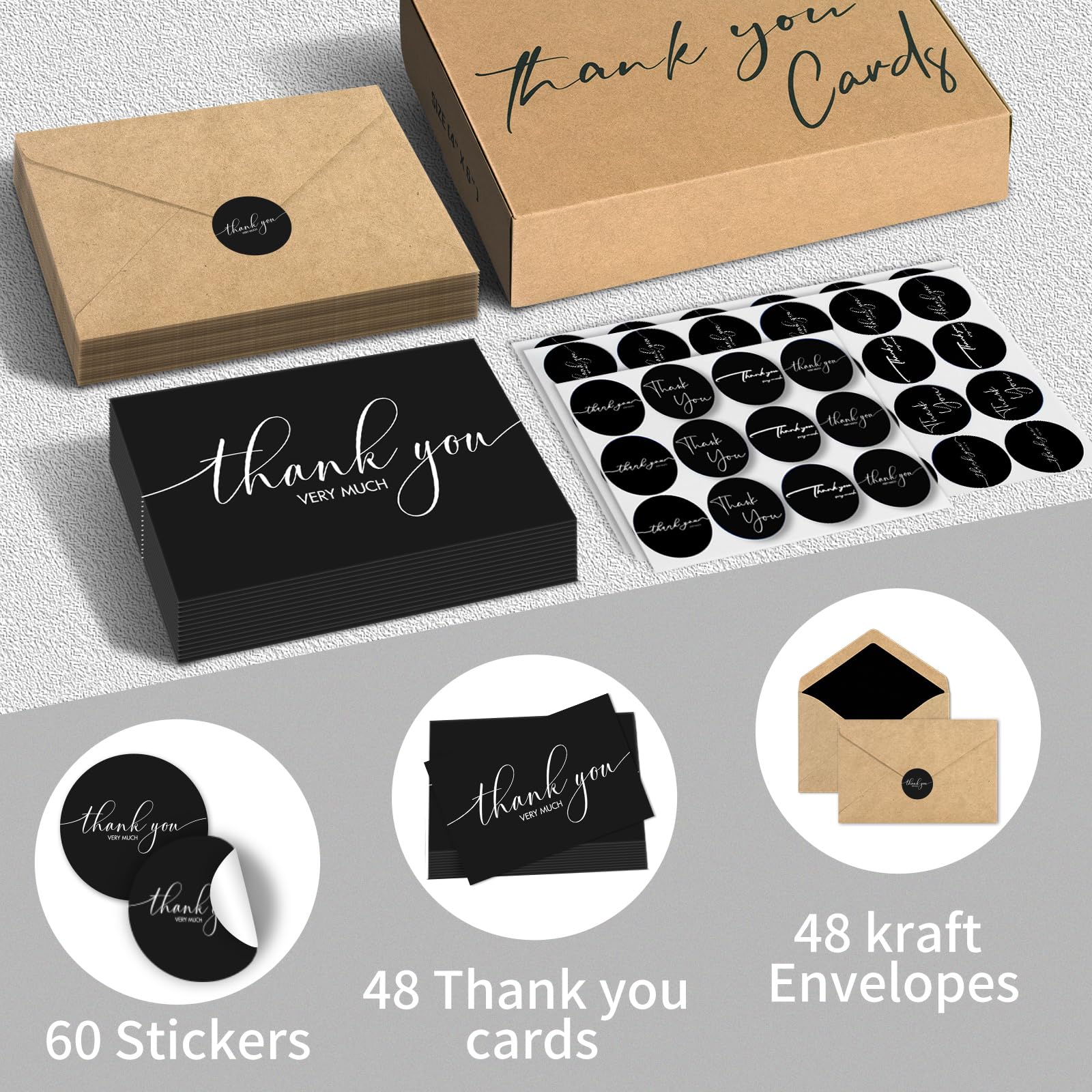 AZAZA 48 Pack Thank You Cards with kraft Envelopes and Stickers,4x6 inch Black cards,Blank Thank You Cards for Small Business,Baby Shower,Wedding,Bridal Shower,Graduation,Funeral,Black