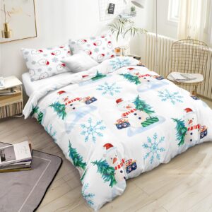 Herside Christmas Tree Bedding Set Queen Size Christmas Duvet Cover Set Snowflakes Snowman Xmas Festival Theme Bedding Set with Zipper Closure Christmas Decorations(White,Queen)