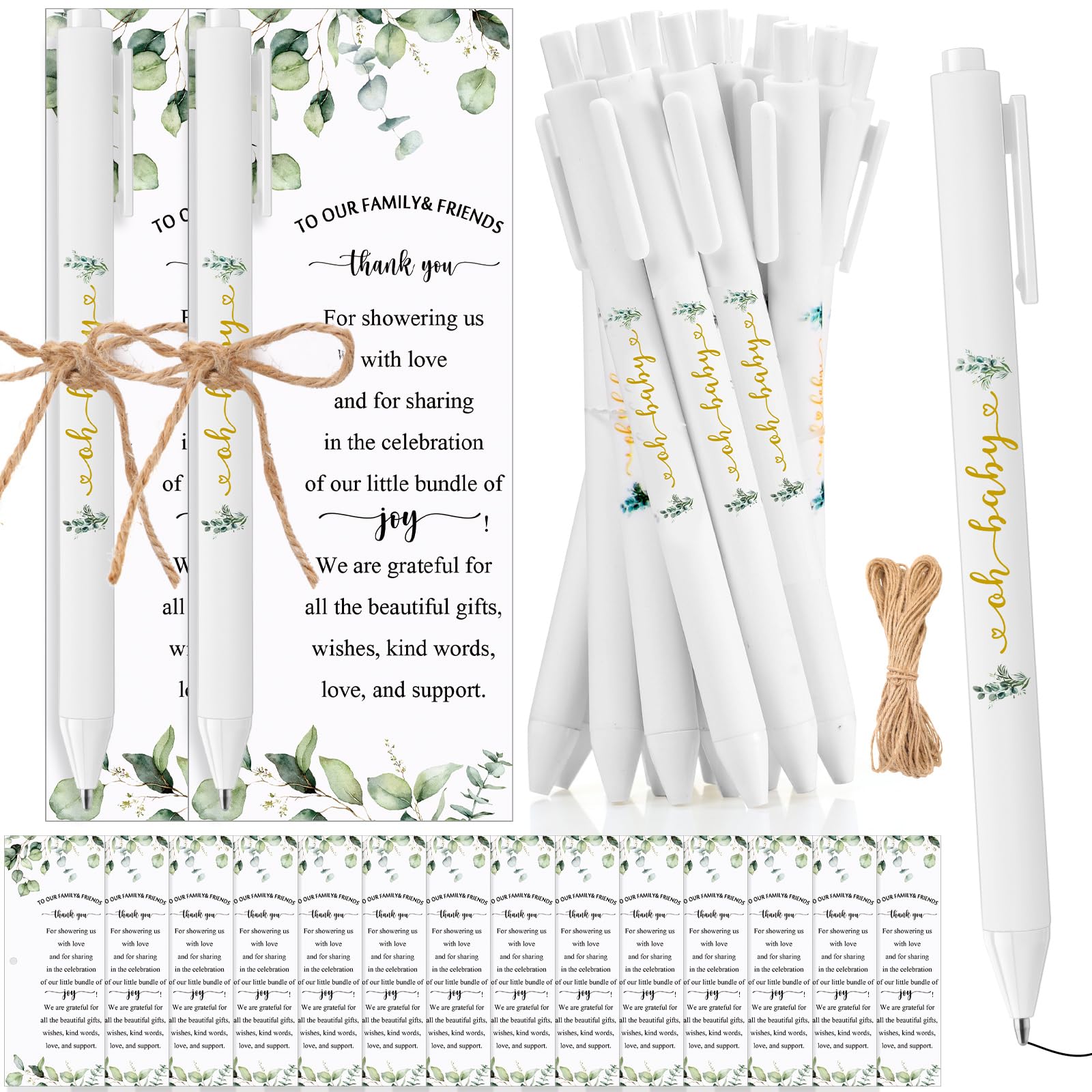 Tenceur 50 Set Baby Shower Pens Greenery Baby Shower Favor for Guest Sage Ballpoint Pens with Woodland Thank You Cards Gender Reveal Party Favor for Girl Boy Baby Shower Party Souvenirs Prizes