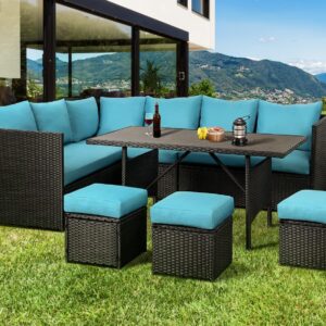 AECOJOY Patio Furniture Set, 7 Pieces Outdoor Patio Furniture with Dining Table&Chair, All Weather Wicker Conversation Set with Ottoman and Patio Set Cover, Blue