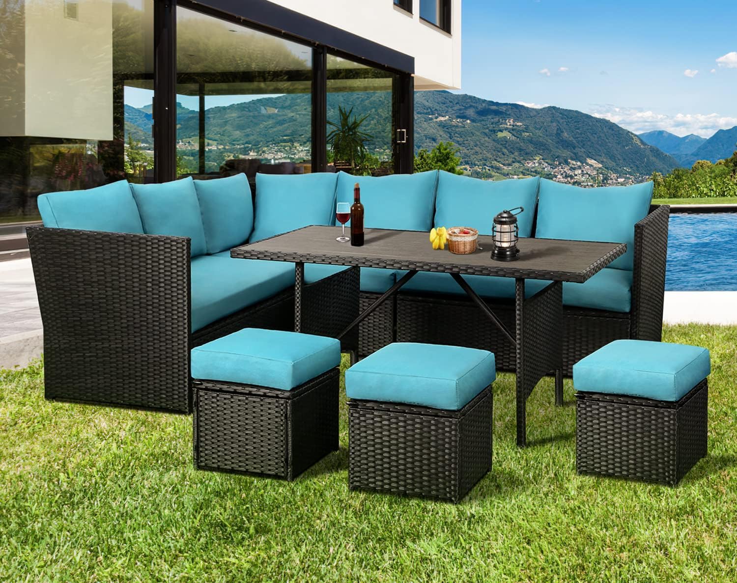 AECOJOY Patio Furniture Set, 7 Pieces Outdoor Patio Furniture with Dining Table&Chair, All Weather Wicker Conversation Set with Ottoman and Patio Set Cover, Blue