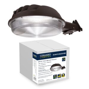 coramdeo outdoor led barn area light, dusk to dawn photocell, integrated led gives 240w of light from 44w of power, wet location, cast aluminum, rustic bronze finish, clear lens, wall or post mount