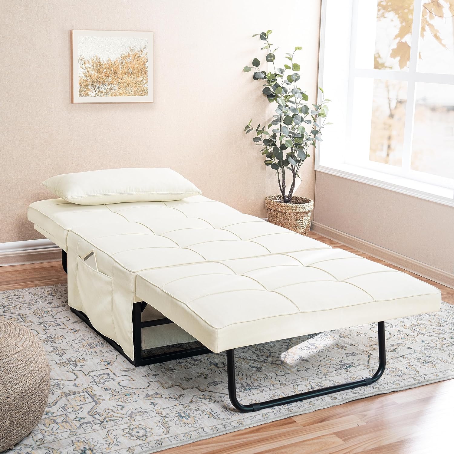 Naomi Home Convertible Sofa Bed, 4 in 1 Chair Bed Sleeper for Adults, Linen Sleeper Sofa Bed Chair, Ottoman Bed Sleeper with Adjustable Backrest, Modern fold Out Chair Bed for Living Room, Cream