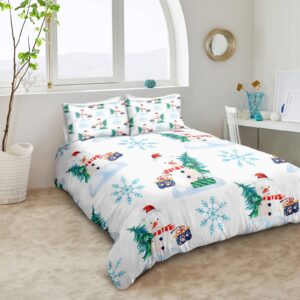 Herside Christmas Tree Bedding Set Queen Size Christmas Duvet Cover Set Snowflakes Snowman Xmas Festival Theme Bedding Set with Zipper Closure Christmas Decorations(White,Queen)