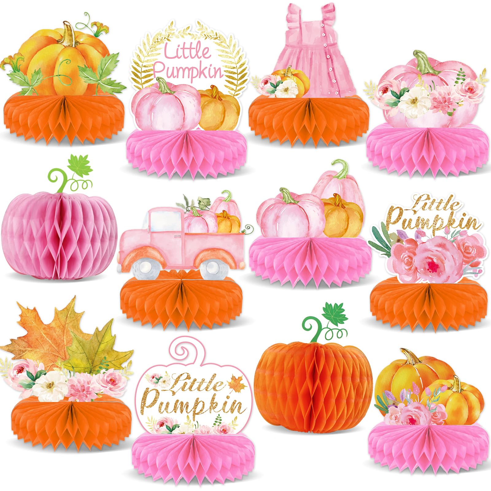 12PCS Little Pumpkin Party Decorations Pumpkin Honeycomb Centerpieces Pink Floral Table Toppers First Birthday Table Centerpieces A Little Pumpkin is On The Way Table Decor for Girls Baby Shower Party