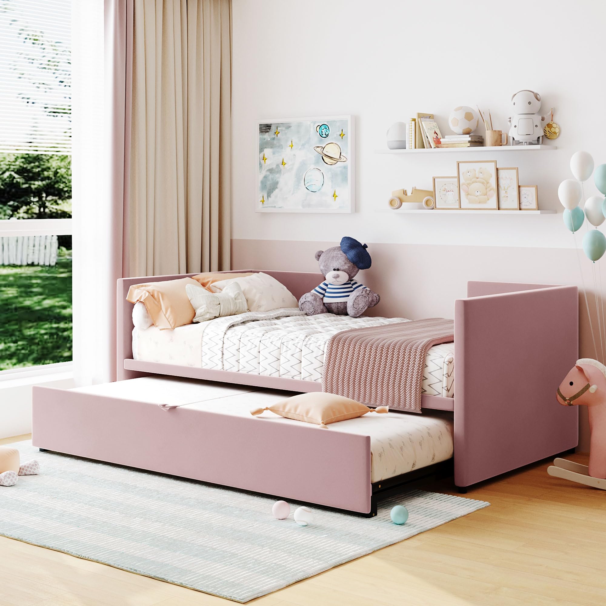 LostCat Twin Size Upholstered Daybed with Pop Up Trundle, Velvet Sofa Bed Frame, No Box Spring Needed, Easy Assembly, for Kids, Adults, Bedroom, Pink