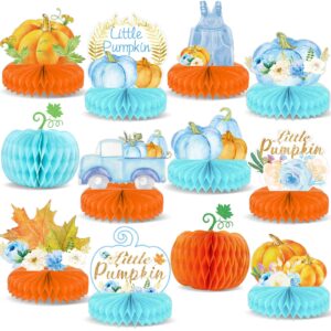 12pcs little pumpkin baby shower decorations fall pumpkin honeycomb centerpieces a little pumpkin is on the way boy blue table toppers for gender reveal autumn harvest thanksgiving decor supplies