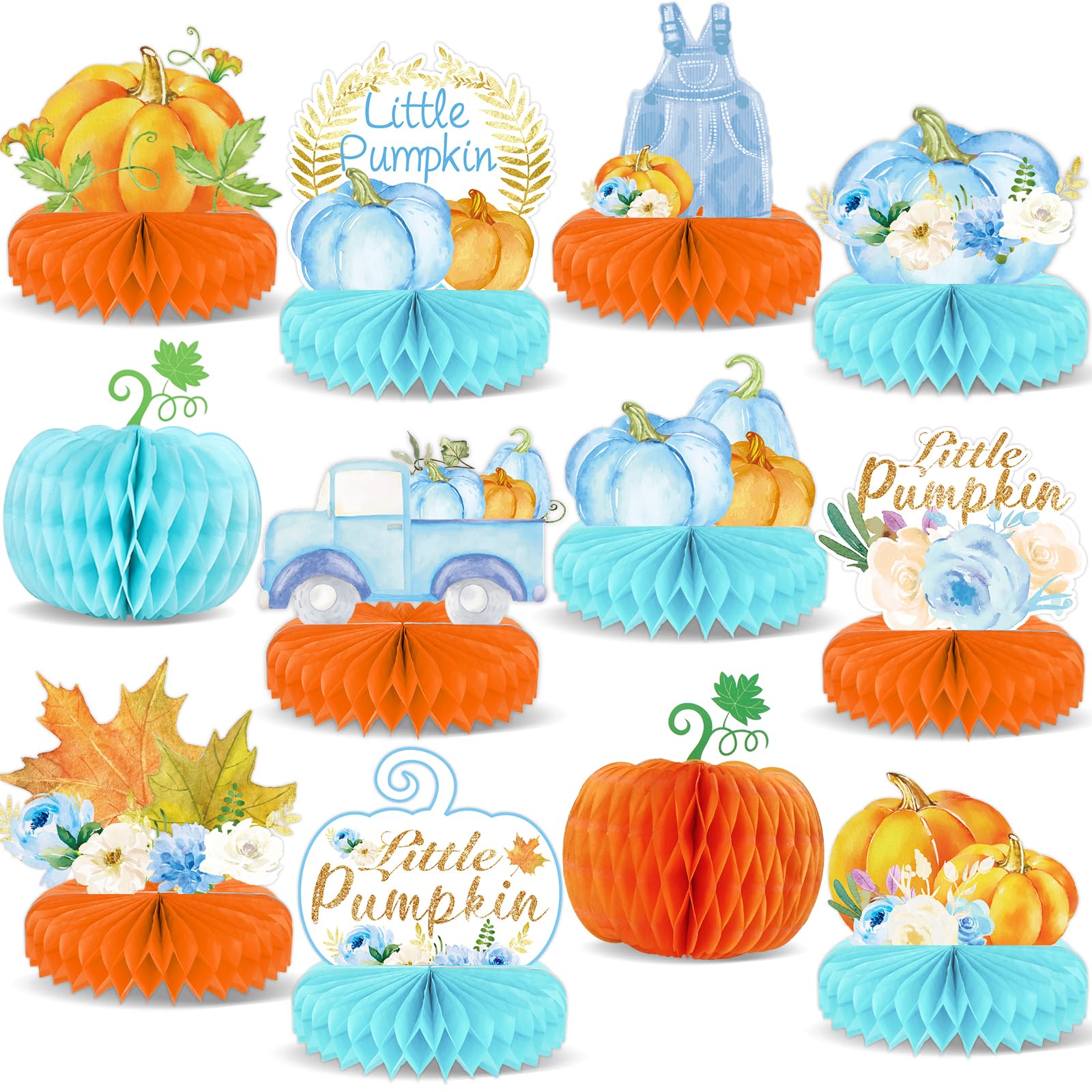 12PCS Little Pumpkin Baby Shower Decorations Fall Pumpkin Honeycomb Centerpieces A Little Pumpkin is On The Way Boy Blue Table Toppers for Gender Reveal Autumn Harvest Thanksgiving Decor Supplies