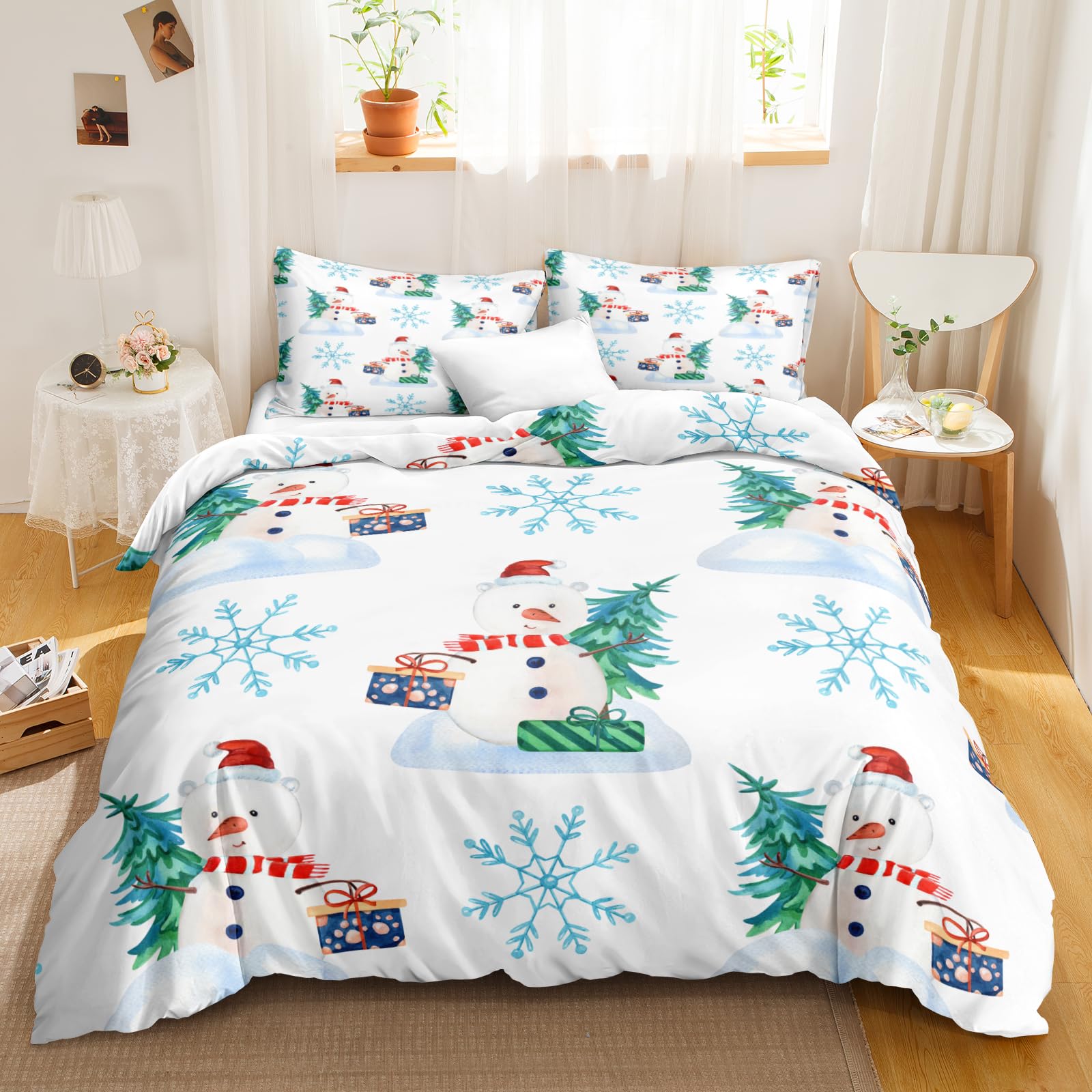 Herside Christmas Tree Bedding Set Queen Size Christmas Duvet Cover Set Snowflakes Snowman Xmas Festival Theme Bedding Set with Zipper Closure Christmas Decorations(White,Queen)