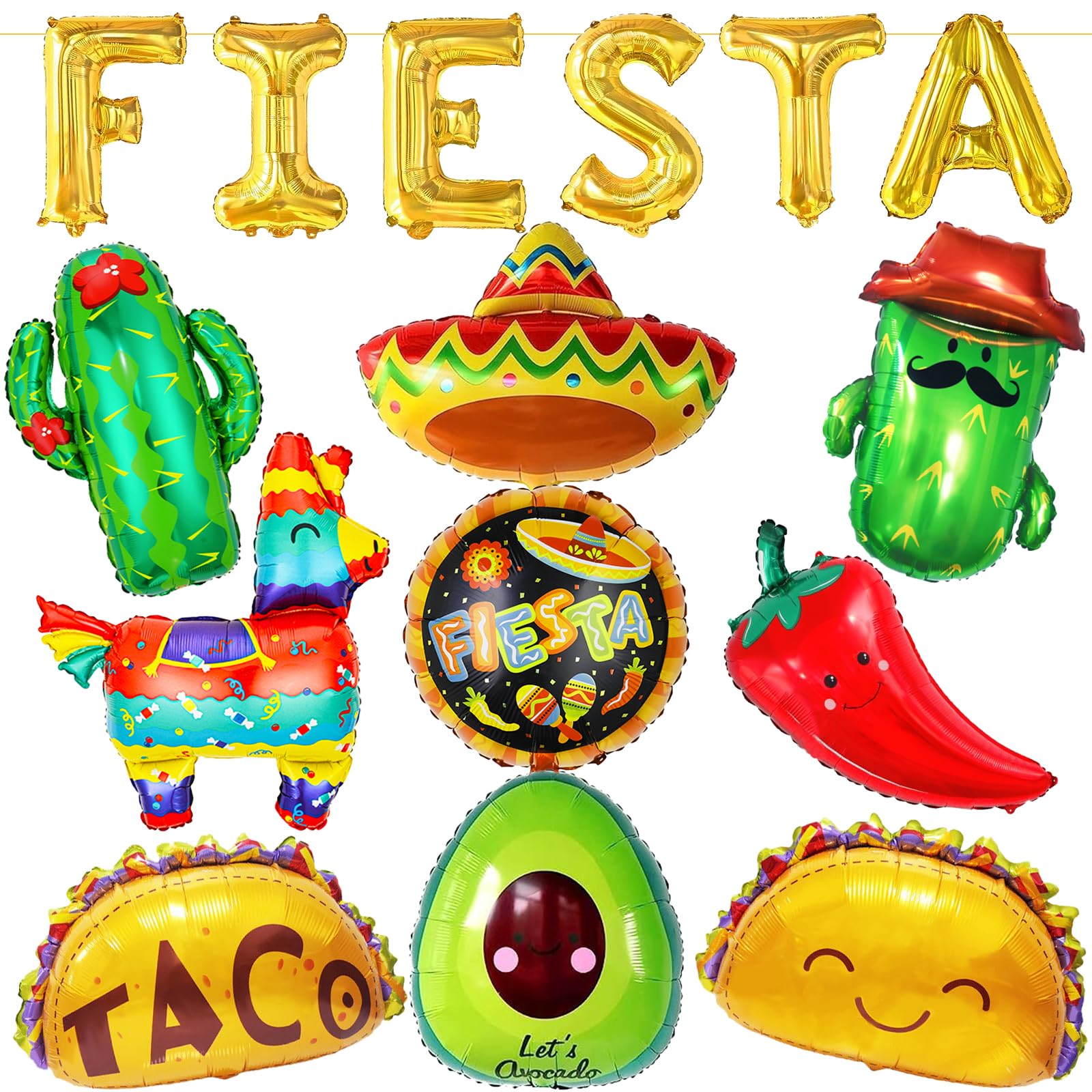 Fiesta Party Decorations Set, Big Taco Party Decorations Set - Pack of 15, Fiesta Taco Llama Cactus Avocado Chili Sombrero Balloons for Mexican Party Decorations, Mexican Theme Baby Shower Decorations