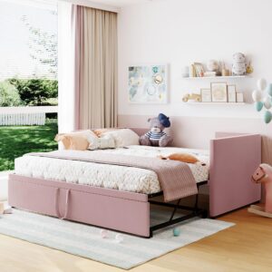 lostcat twin size upholstered daybed with pop up trundle, velvet sofa bed frame, no box spring needed, easy assembly, for kids, adults, bedroom, pink