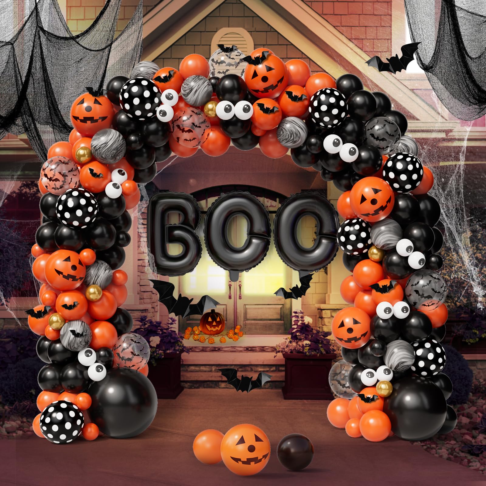 AobkDeco 141 PCS Halloween Balloons Arch kit Black Orange Gold Eyes Balloons Halloween Balloon with BOO Balloons,3D PVC Bats and Marble Agate for Halloween Theme Party Supplies Haunted House Parties